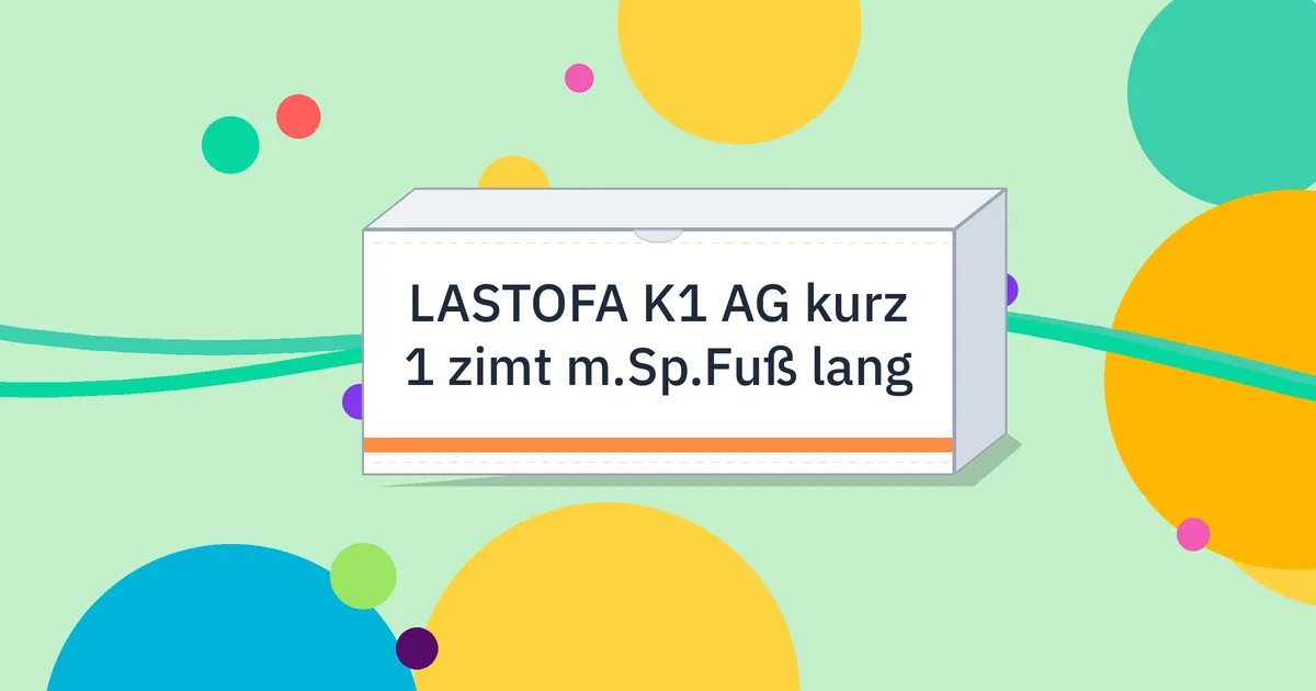 Symbolbild: Packung mit der Aufschrift LASTOFA K1 AG kurz 1 zimt m.Sp.Fuß lang (PZN 13788745) – Verfügbarkeit und Bezug in Apotheken in Frankfurt am Main