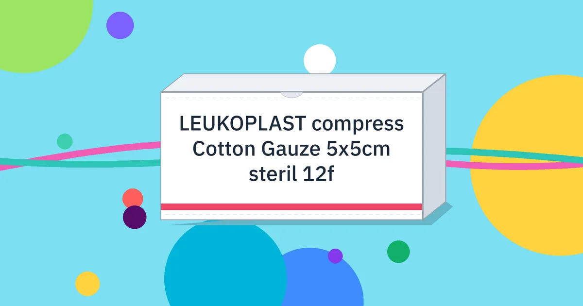 Symbolbild: Packung mit der Aufschrift LEUKOPLAST compress Cotton Gauze 5x5cm steril 12f (PZN 19063977) – Verfügbarkeit und Bezug in Apotheken in Frankfurt am Main
