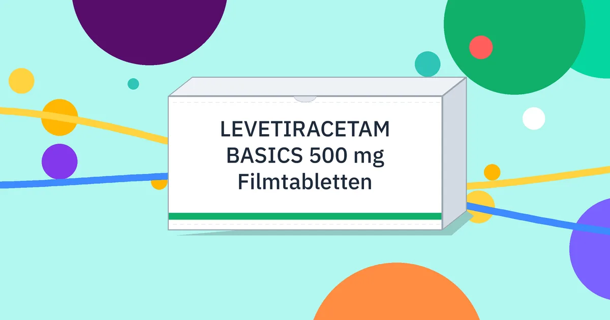 Symbolbild: Packung mit der Aufschrift LEVETIRACETAM BASICS 500 mg Filmtabletten (PZN 09482934) – Verfügbarkeit und Bezug in Apotheken in Frankfurt am Main