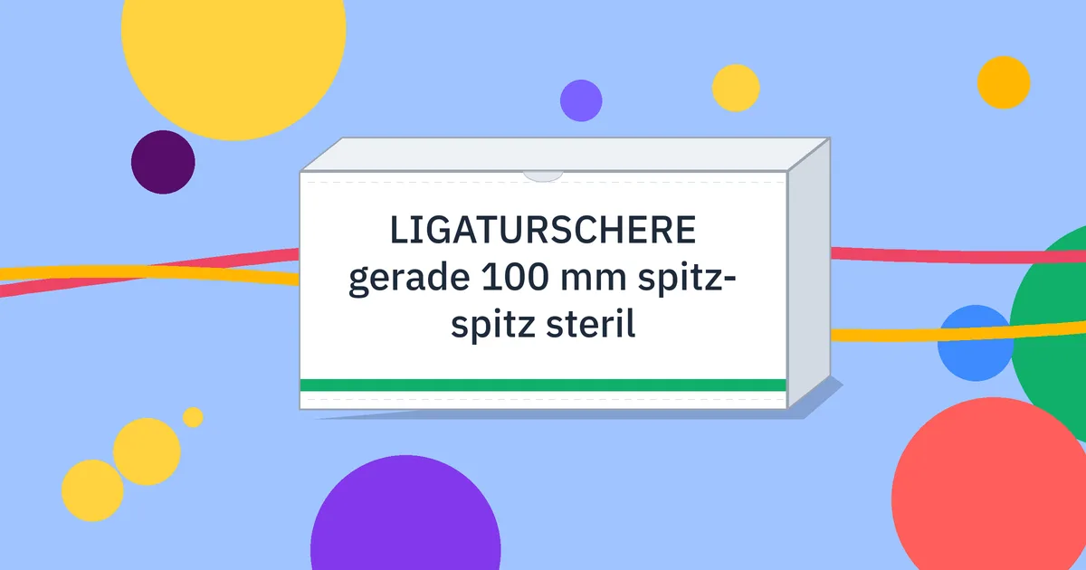Symbolbild: Packung mit der Aufschrift LIGATURSCHERE gerade 100 mm spitz-spitz steril (PZN 19978518) – Verfügbarkeit und Bezug in Apotheken in Frankfurt am Main