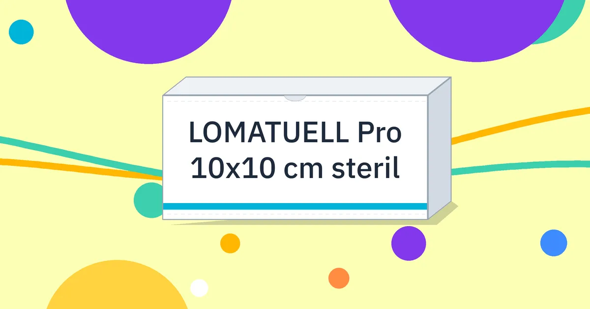 Symbolbild: Packung mit der Aufschrift LOMATUELL Pro 10x10 cm steril (PZN 17615289) – Verfügbarkeit und Bezug in Apotheken in Frankfurt am Main