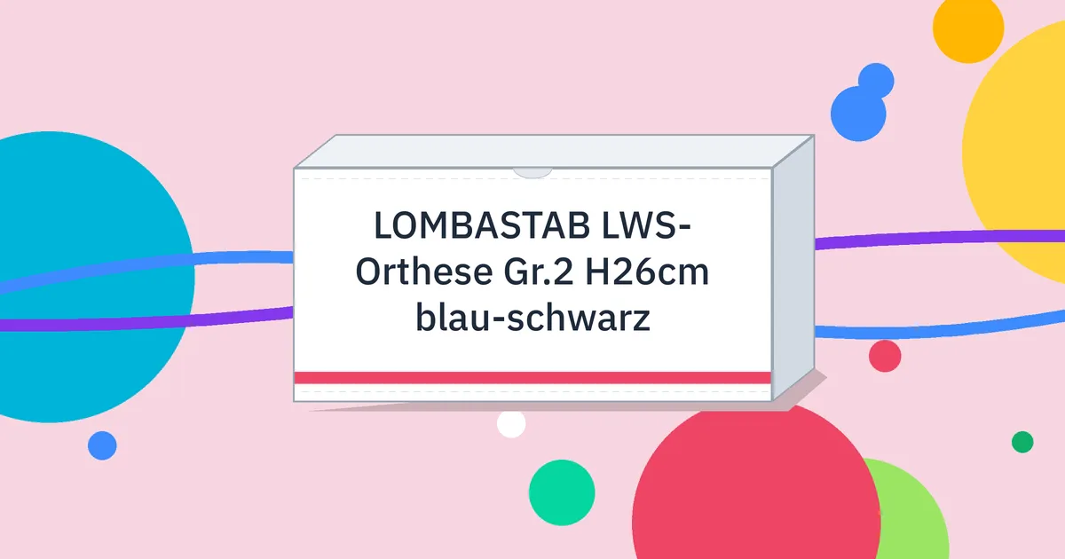 Symbolbild: Packung mit der Aufschrift LOMBASTAB LWS-Orthese Gr.2 H26cm blau-schwarz (PZN 18798145) – Verfügbarkeit und Bezug in Apotheken in Frankfurt am Main