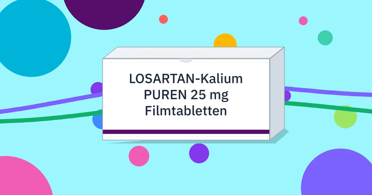 Symbolbild: Packung mit der Aufschrift LOSARTAN-Kalium PUREN 25 mg Filmtabletten (PZN 13572028) – Verfügbarkeit und Bezug in Apotheken in Frankfurt am Main
