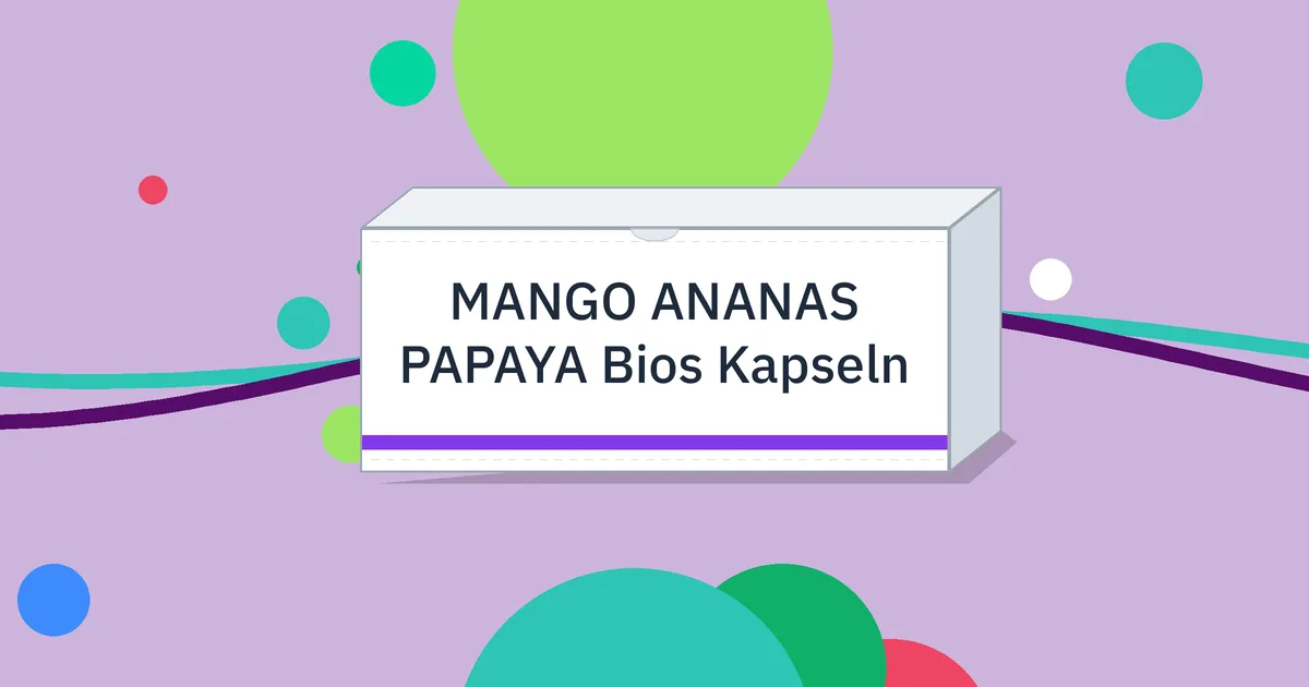 Symbolbild: Packung mit der Aufschrift MANGO ANANAS PAPAYA Bios Kapseln (PZN 03487379) – Verfügbarkeit und Bezug in Apotheken in Frankfurt am Main