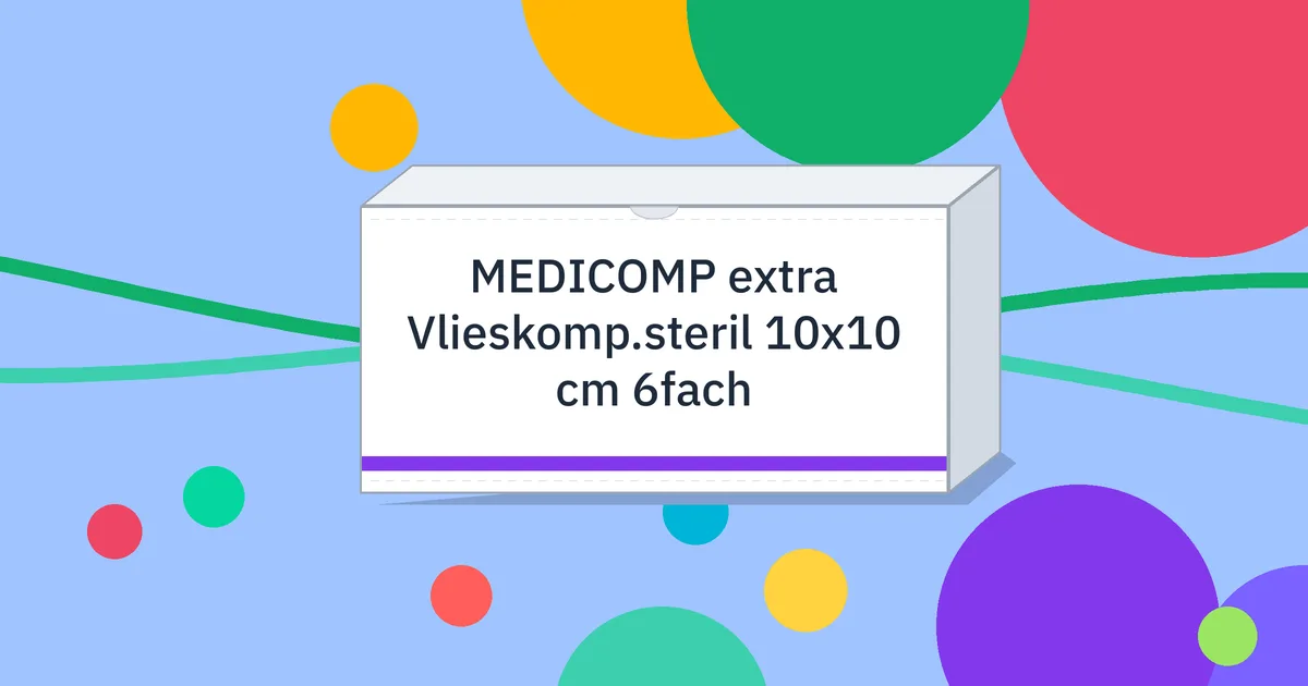 Symbolbild: Packung mit der Aufschrift MEDICOMP extra Vlieskomp.steril 10x10 cm 6fach (PZN 12593815) – Verfügbarkeit und Bezug in Apotheken in Frankfurt am Main