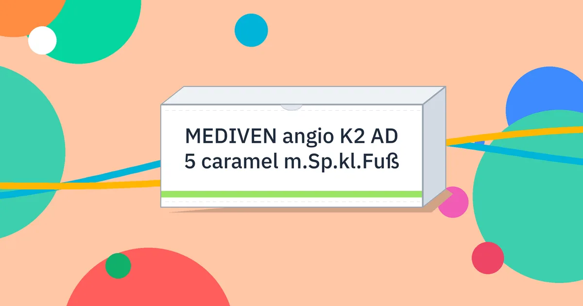Symbolbild: Packung mit der Aufschrift MEDIVEN angio K2 AD 5 caramel m.Sp.kl.Fuß (PZN 17210635) – Verfügbarkeit und Bezug in Apotheken in Frankfurt am Main