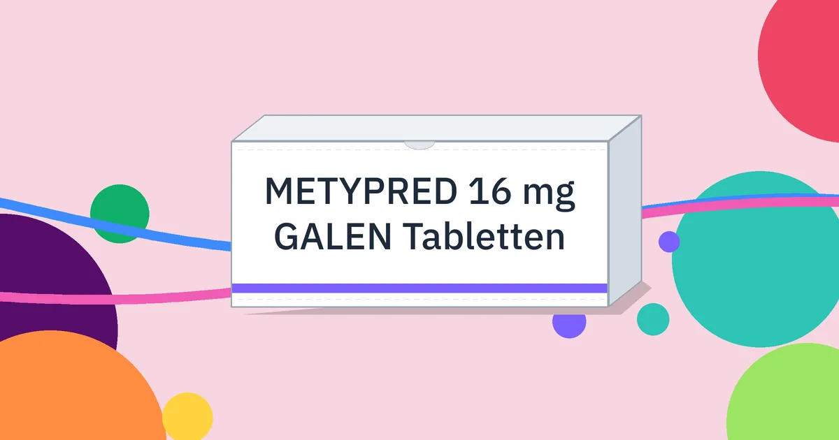 Symbolbild: Packung mit der Aufschrift METYPRED 16 mg GALEN Tabletten (PZN 01484431) – Verfügbarkeit und Bezug in Apotheken in Frankfurt am Main