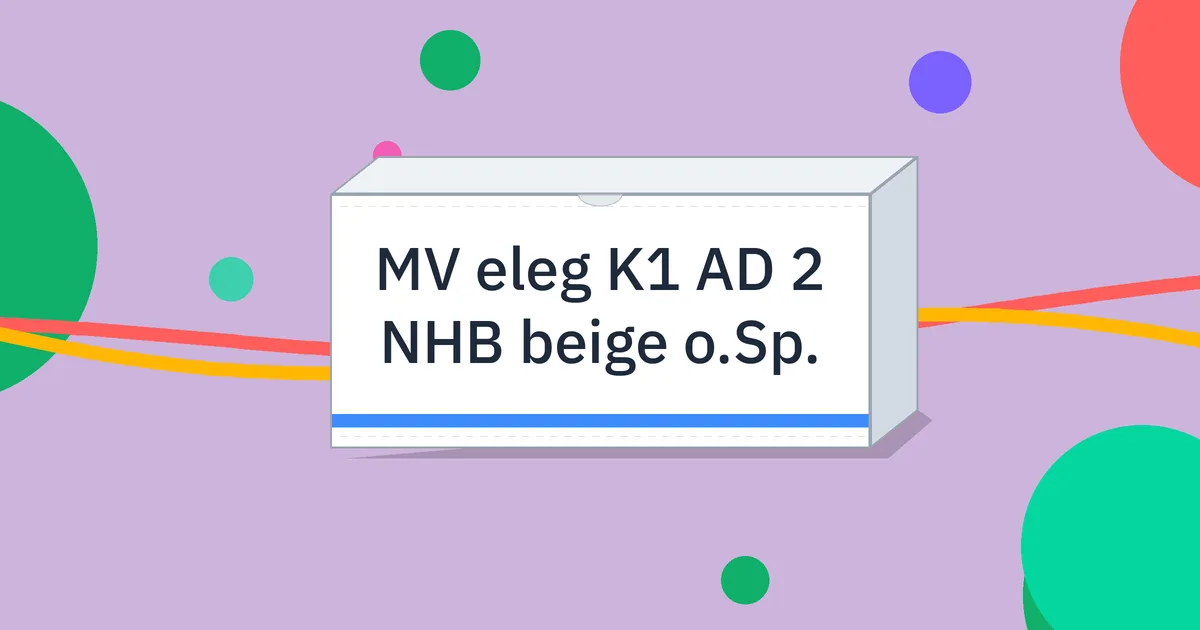 Symbolbild: Packung mit der Aufschrift MV eleg K1 AD 2 NHB beige o.Sp. (PZN 15675117) – Verfügbarkeit und Bezug in Apotheken in Frankfurt am Main