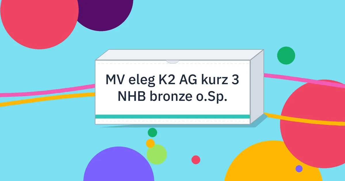 Symbolbild: Packung mit der Aufschrift MV eleg K2 AG kurz 3 NHB bronze o.Sp. (PZN 15716419) – Verfügbarkeit und Bezug in Apotheken in Frankfurt am Main