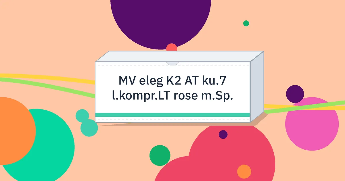 Symbolbild: Packung mit der Aufschrift MV eleg K2 AT ku.7 l.kompr.LT rose m.Sp. (PZN 14691611) – Verfügbarkeit und Bezug in Apotheken in Frankfurt am Main