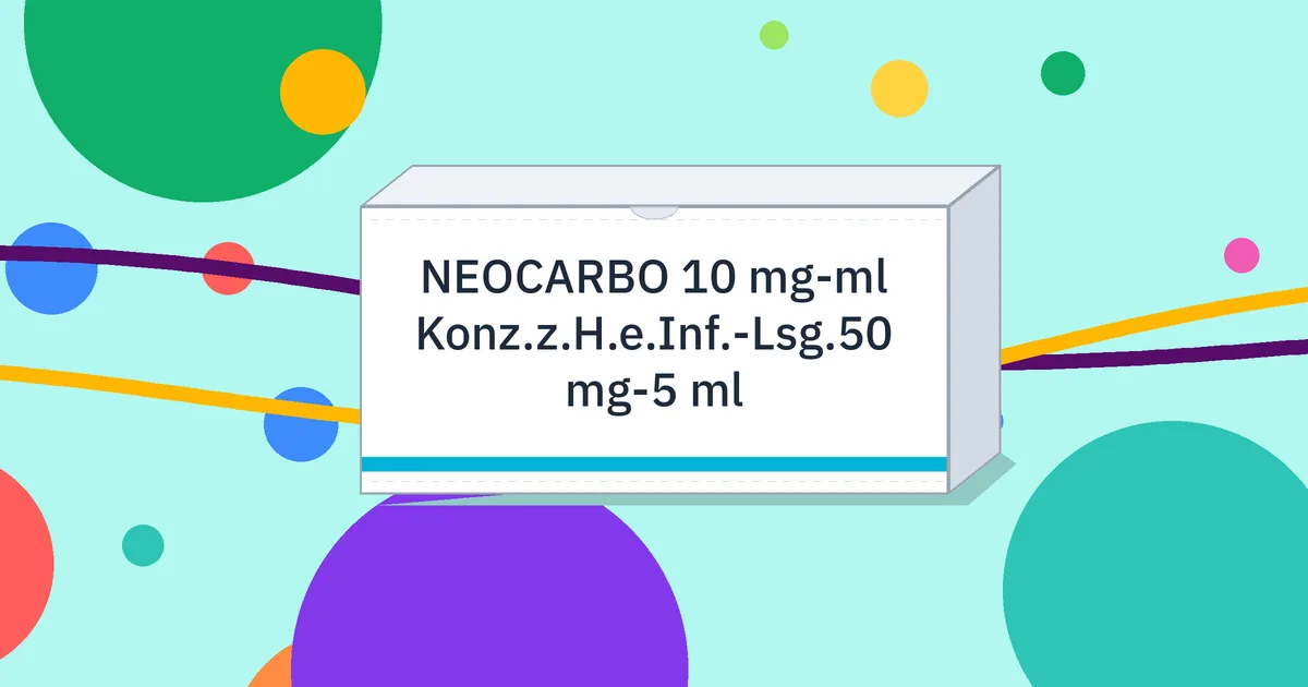 Symbolbild: Packung mit der Aufschrift NEOCARBO 10 mg-ml Konz.z.H.e.Inf.-Lsg.50 mg-5 ml (PZN 12468292) – Verfügbarkeit und Bezug in Apotheken in Frankfurt am Main