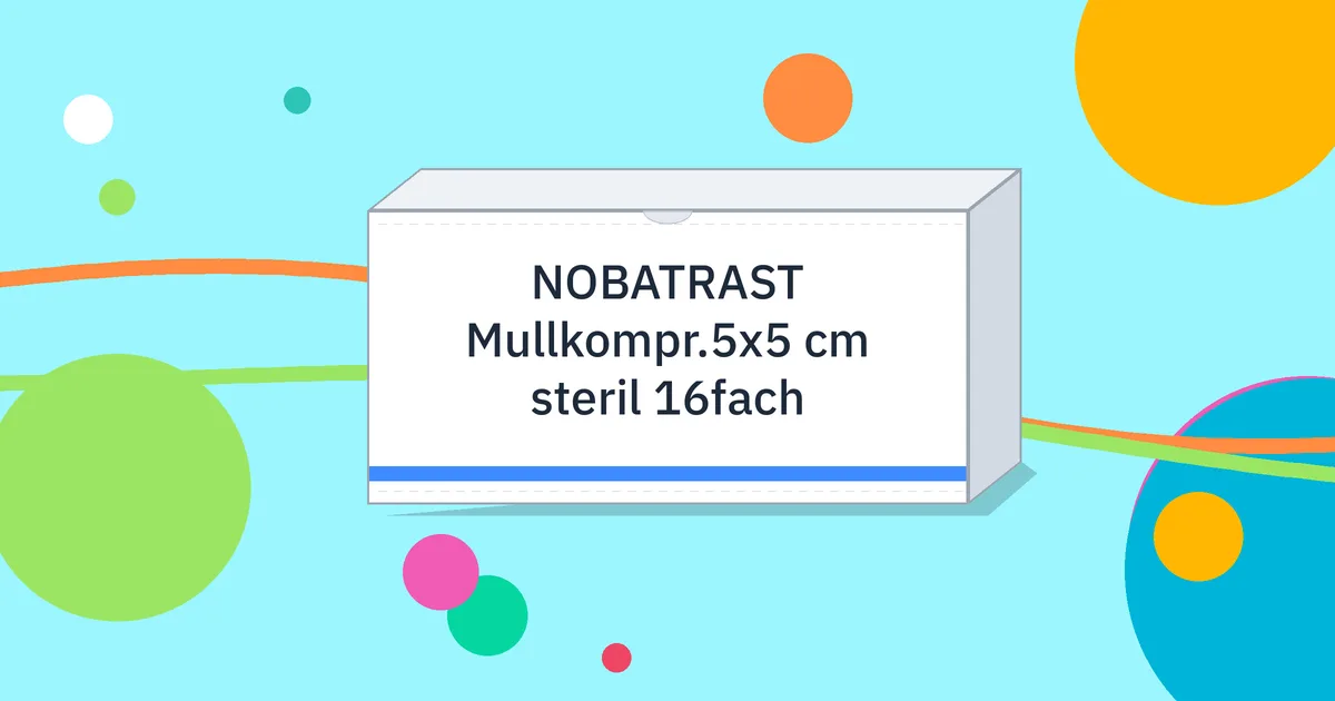 Symbolbild: Packung mit der Aufschrift NOBATRAST Mullkompr.5x5 cm steril 16fach (PZN 08848965) – Verfügbarkeit und Bezug in Apotheken in Frankfurt am Main
