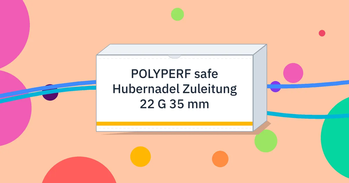 Symbolbild: Packung mit der Aufschrift POLYPERF safe Hubernadel Zuleitung 22 G 35 mm (PZN 13866451) – Verfügbarkeit und Bezug in Apotheken in Frankfurt am Main