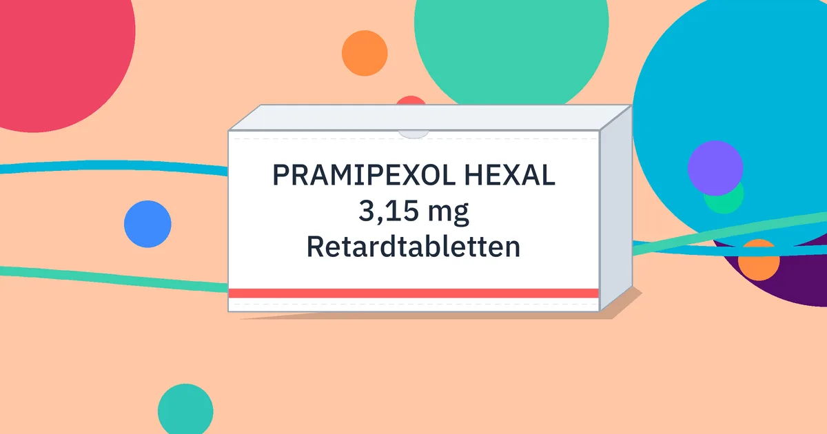 Symbolbild: Packung mit der Aufschrift PRAMIPEXOL HEXAL 3,15 mg Retardtabletten (PZN 08455119) – Verfügbarkeit und Bezug in Apotheken in Frankfurt am Main