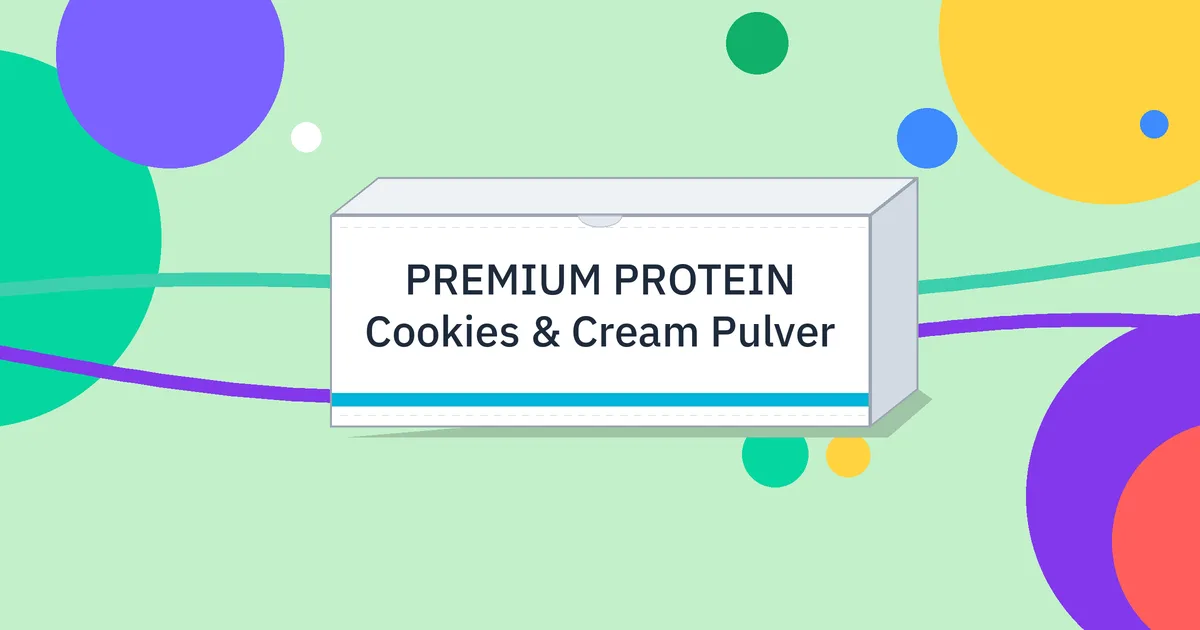 Symbolbild: Packung mit der Aufschrift PREMIUM PROTEIN Cookies & Cream Pulver (PZN 12458678) – Verfügbarkeit und Bezug in Apotheken in Frankfurt am Main