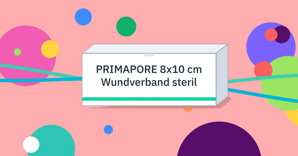 Symbolbild: Packung mit der Aufschrift PRIMAPORE 8x10 cm Wundverband steril (PZN 19526325) – Verfügbarkeit und Bezug in Apotheken in Frankfurt am Main