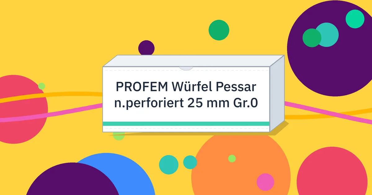 Symbolbild: Packung mit der Aufschrift PROFEM Würfel Pessar n.perforiert 25 mm Gr.0 (PZN 11672837) – Verfügbarkeit und Bezug in Apotheken in Frankfurt am Main