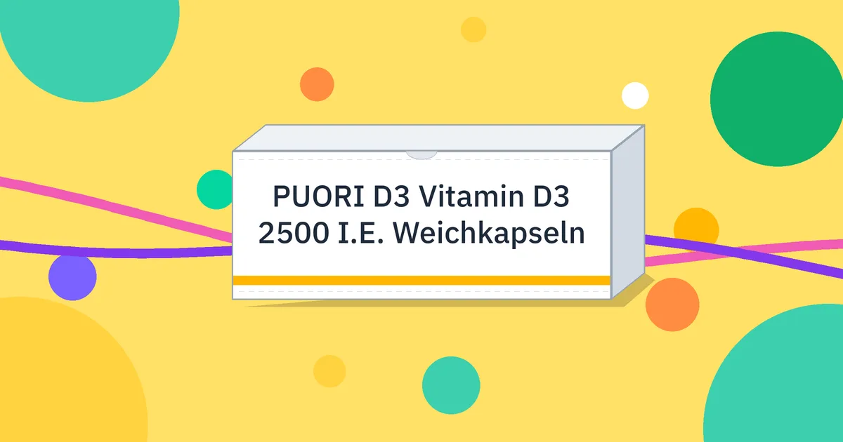Symbolbild: Packung mit der Aufschrift PUORI D3 Vitamin D3 2500 I.E. Weichkapseln (PZN 17291131) – Verfügbarkeit und Bezug in Apotheken in Frankfurt am Main