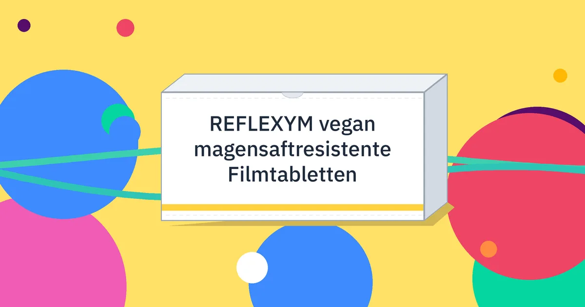Symbolbild: Packung mit der Aufschrift REFLEXYM vegan magensaftresistente Filmtabletten (PZN 18253747) – Verfügbarkeit und Bezug in Apotheken in Frankfurt am Main