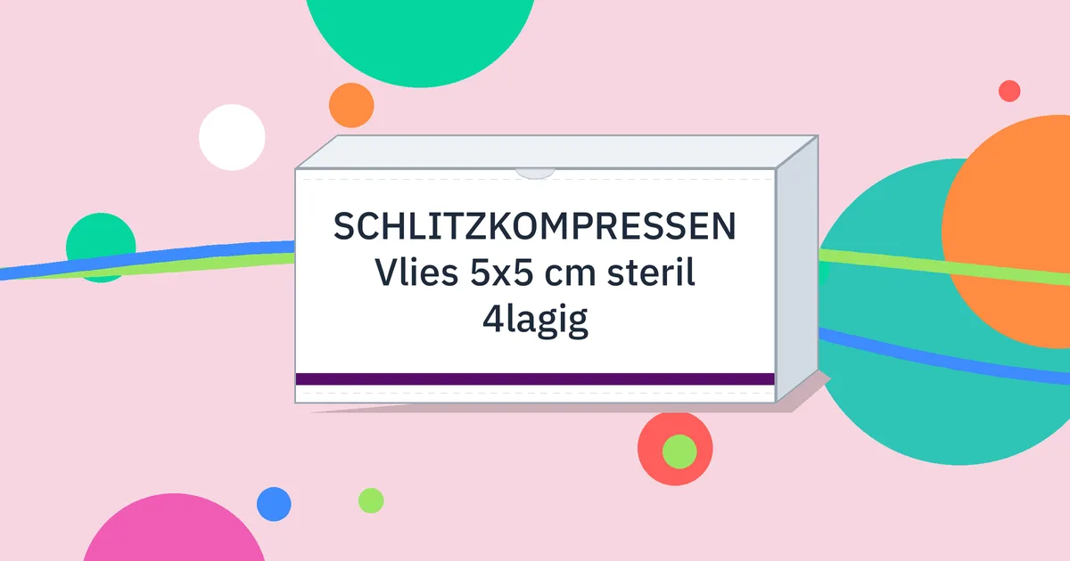 Symbolbild: Packung mit der Aufschrift SCHLITZKOMPRESSEN Vlies 5x5 cm steril 4lagig (PZN 17549664) – Verfügbarkeit und Bezug in Apotheken in Frankfurt am Main