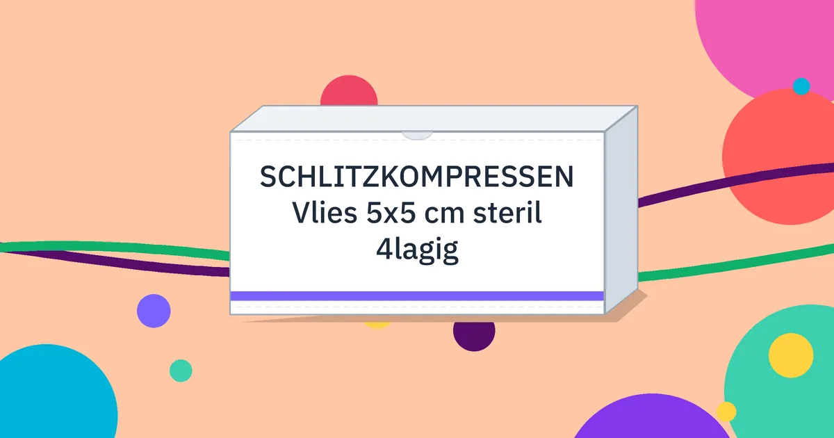 Symbolbild: Packung mit der Aufschrift SCHLITZKOMPRESSEN Vlies 5x5 cm steril 4lagig (PZN 17549658) – Verfügbarkeit und Bezug in Apotheken in Frankfurt am Main