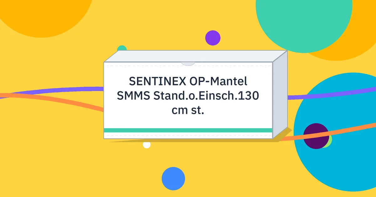 Symbolbild: Packung mit der Aufschrift SENTINEX OP-Mantel SMMS Stand.o.Einsch.130 cm st. (PZN 03165210) – Verfügbarkeit und Bezug in Apotheken in Frankfurt am Main