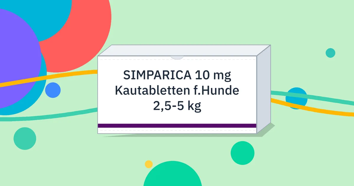 Symbolbild: Packung mit der Aufschrift SIMPARICA 10 mg Kautabletten f.Hunde 2,5-5 kg (PZN 12467789) – Verfügbarkeit und Bezug in Apotheken in Frankfurt am Main