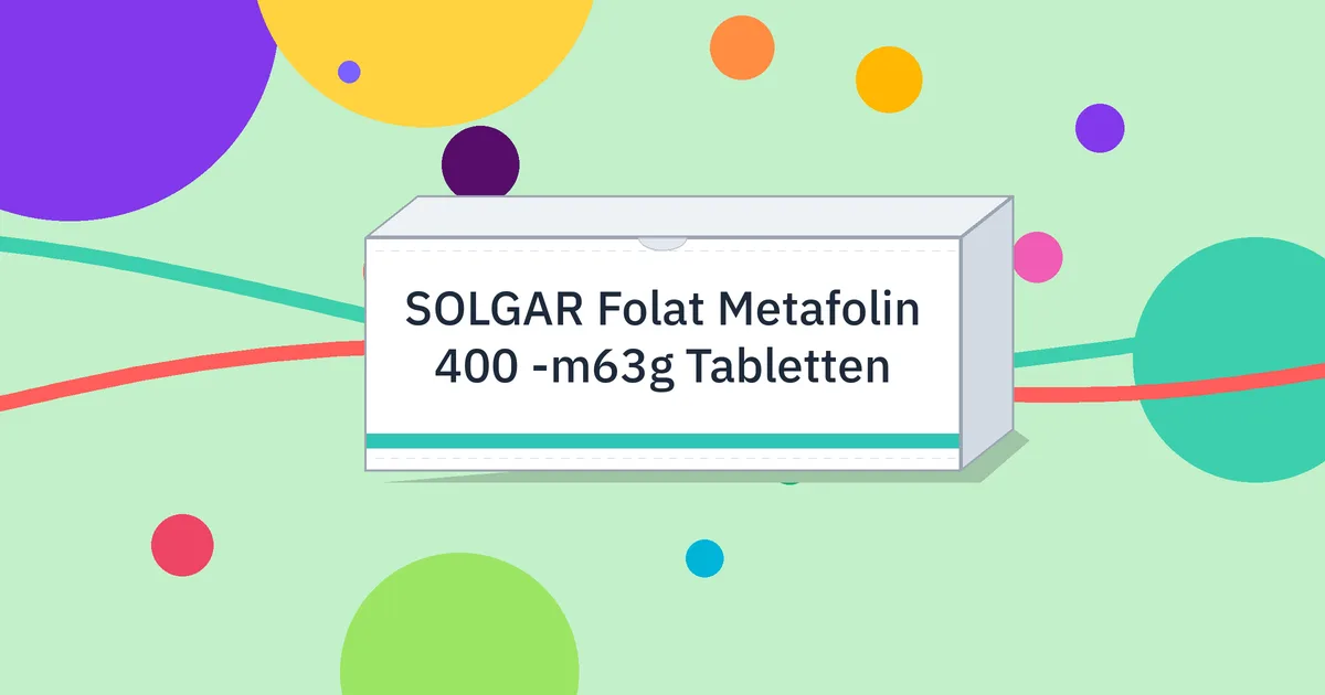Symbolbild: Packung mit der Aufschrift SOLGAR Folat Metafolin 400 -m63g Tabletten (PZN 18814737) – Verfügbarkeit und Bezug in Apotheken in Frankfurt am Main