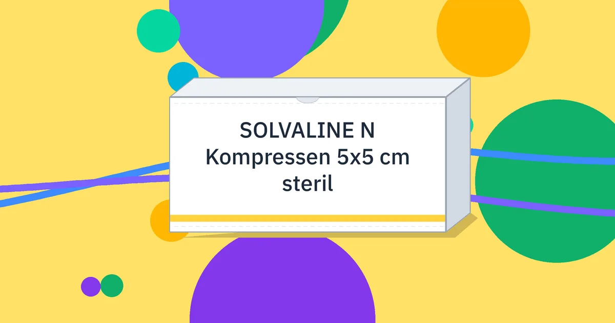 Symbolbild: Packung mit der Aufschrift SOLVALINE N Kompressen 5x5 cm steril (PZN 18038434) – Verfügbarkeit und Bezug in Apotheken in Frankfurt am Main
