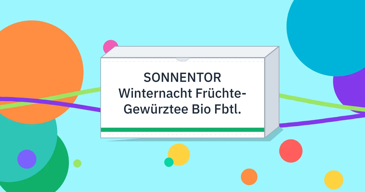 Symbolbild: Packung mit der Aufschrift SONNENTOR Winternacht Früchte-Gewürztee Bio Fbtl. (PZN 18901904) – Verfügbarkeit und Bezug in Apotheken in Frankfurt am Main
