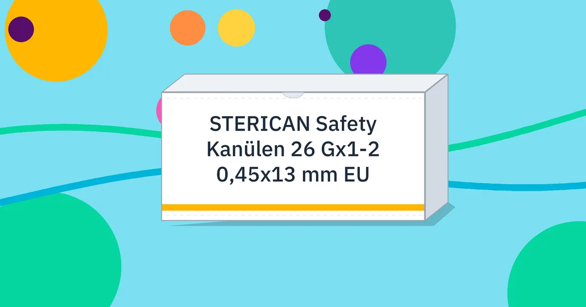 Symbolbild: Packung mit der Aufschrift STERICAN Safety Kanülen 26 Gx1-2 0,45x13 mm EU (PZN 15565713) – Verfügbarkeit und Bezug in Apotheken in Frankfurt am Main