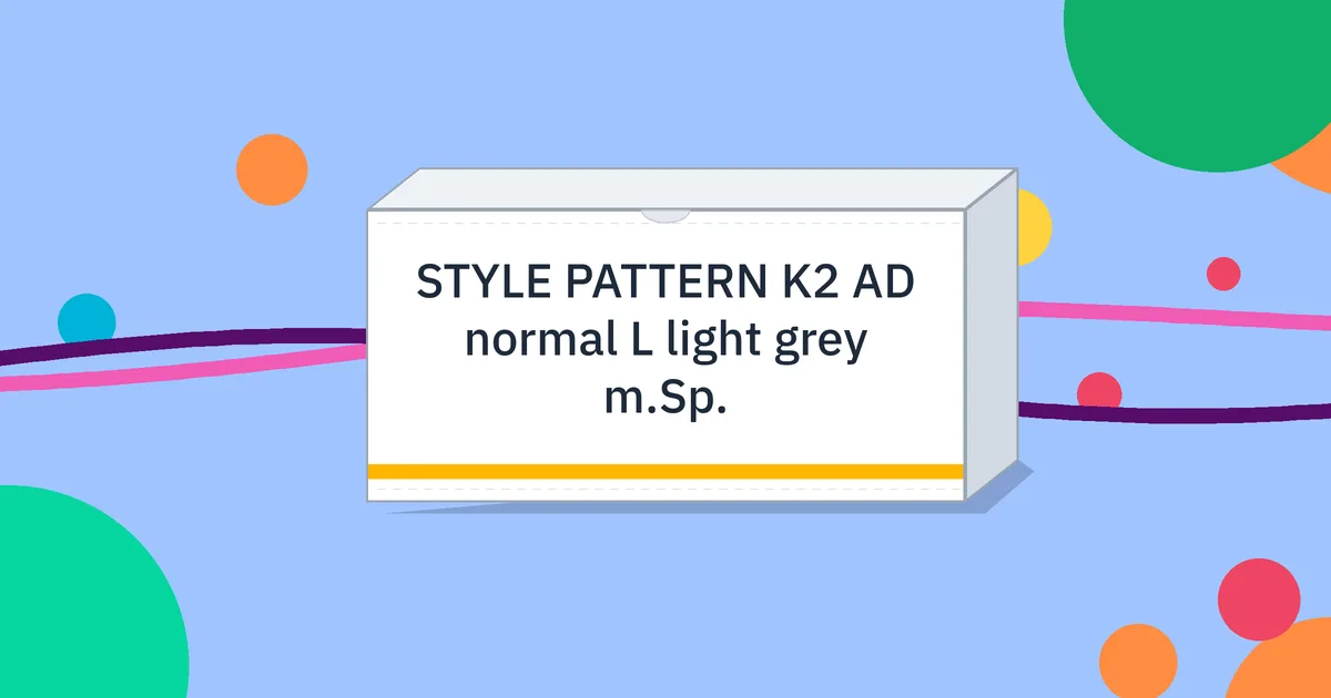 Symbolbild: Packung mit der Aufschrift STYLE PATTERN K2 AD normal L light grey m.Sp. (PZN 19694991) – Verfügbarkeit und Bezug in Apotheken in Frankfurt am Main