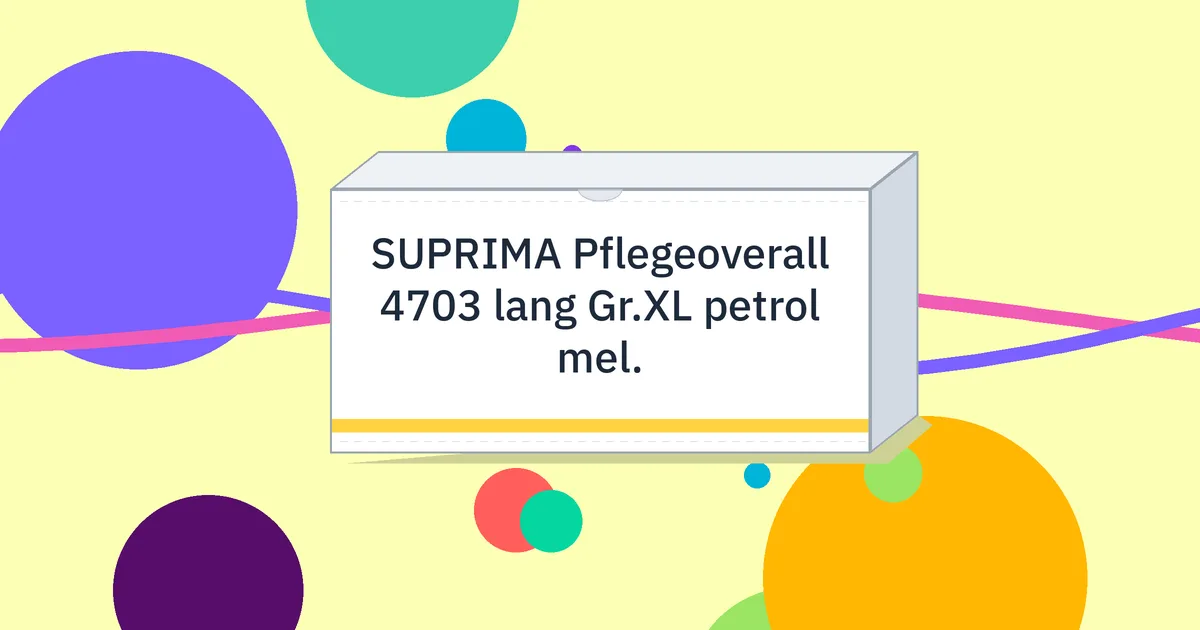 Symbolbild: Packung mit der Aufschrift SUPRIMA Pflegeoverall 4703 lang Gr.XL petrol mel. (PZN 20189956) – Verfügbarkeit und Bezug in Apotheken in Frankfurt am Main