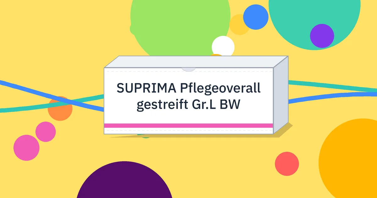 Symbolbild: Packung mit der Aufschrift SUPRIMA Pflegeoverall gestreift Gr.L BW (PZN 15421380) – Verfügbarkeit und Bezug in Apotheken in Frankfurt am Main