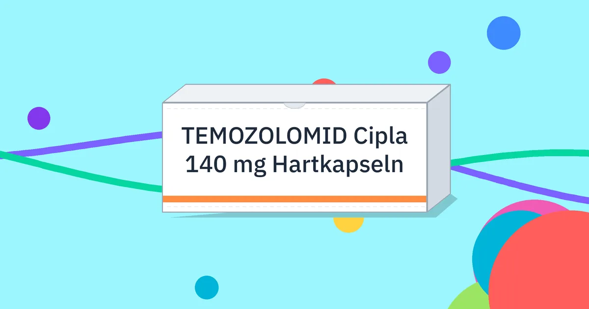 Symbolbild: Packung mit der Aufschrift TEMOZOLOMID Cipla 140 mg Hartkapseln (PZN 17916861) – Verfügbarkeit und Bezug in Apotheken in Frankfurt am Main