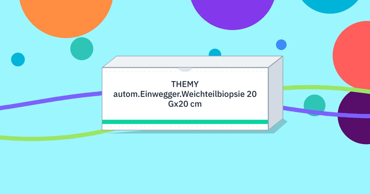 Symbolbild: Packung mit der Aufschrift THEMY autom.Einwegger.Weichteilbiopsie 20 Gx20 cm (PZN 19737542) – Verfügbarkeit und Bezug in Apotheken in Frankfurt am Main