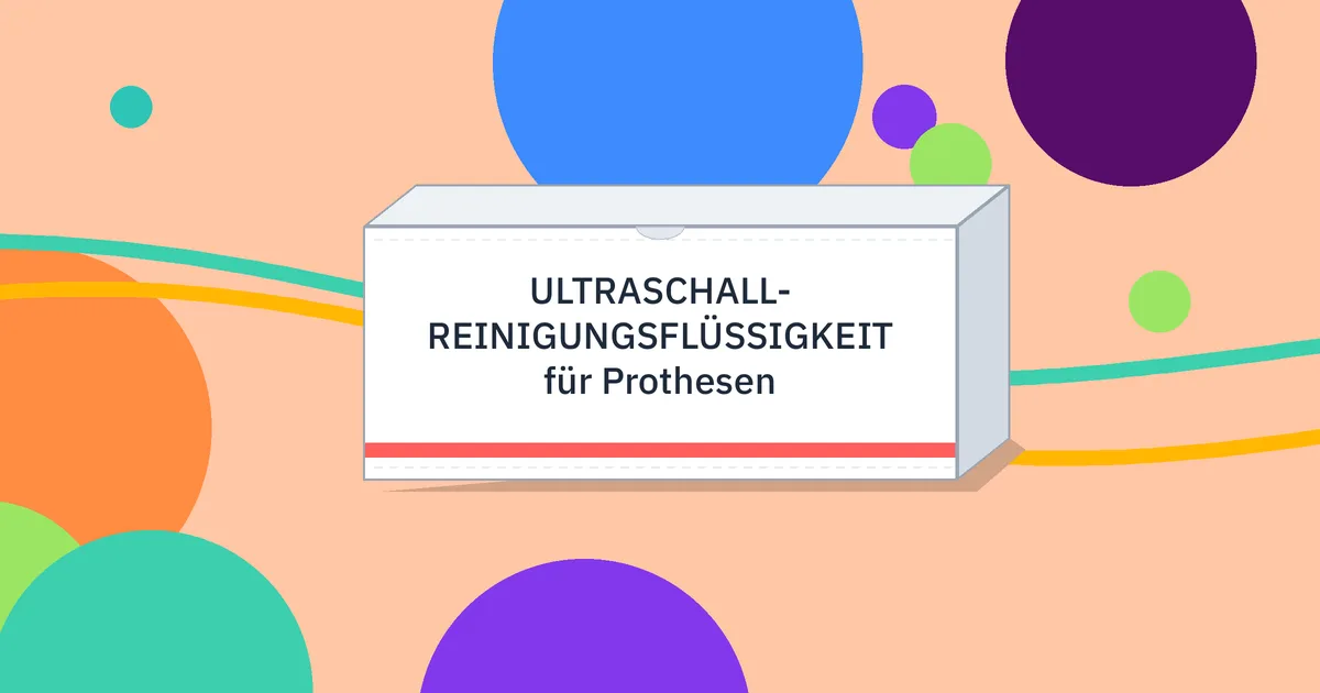 Symbolbild: Packung mit der Aufschrift ULTRASCHALL-REINIGUNGSFLÜSSIGKEIT für Prothesen (PZN 07771634) – Verfügbarkeit und Bezug in Apotheken in Frankfurt am Main