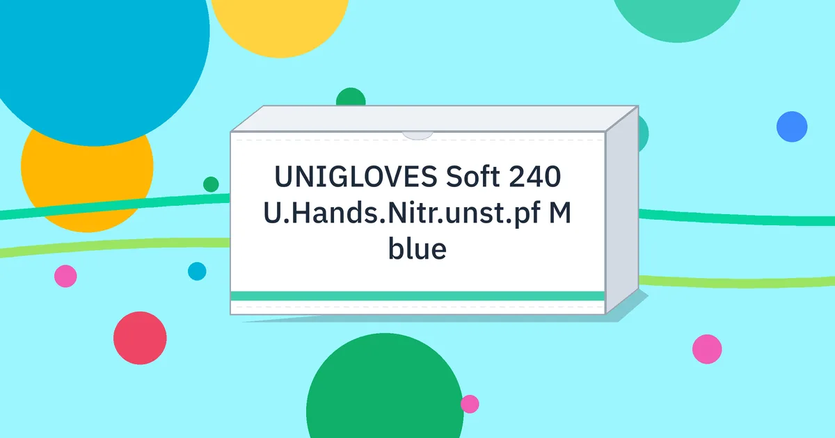 Symbolbild: Packung mit der Aufschrift UNIGLOVES Soft 240 U.Hands.Nitr.unst.pf M blue (PZN 18102592) – Verfügbarkeit und Bezug in Apotheken in Frankfurt am Main
