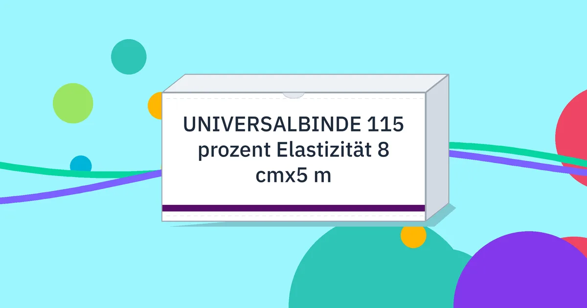 Symbolbild: Packung mit der Aufschrift UNIVERSALBINDE 115 prozent Elastizität 8 cmx5 m (PZN 08443240) – Verfügbarkeit und Bezug in Apotheken in Frankfurt am Main