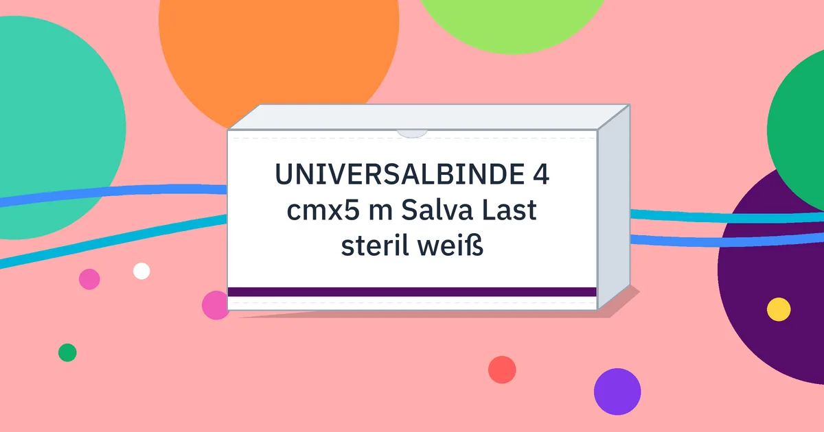 Symbolbild: Packung mit der Aufschrift UNIVERSALBINDE 4 cmx5 m Salva Last steril weiß (PZN 17152435) – Verfügbarkeit und Bezug in Apotheken in Frankfurt am Main