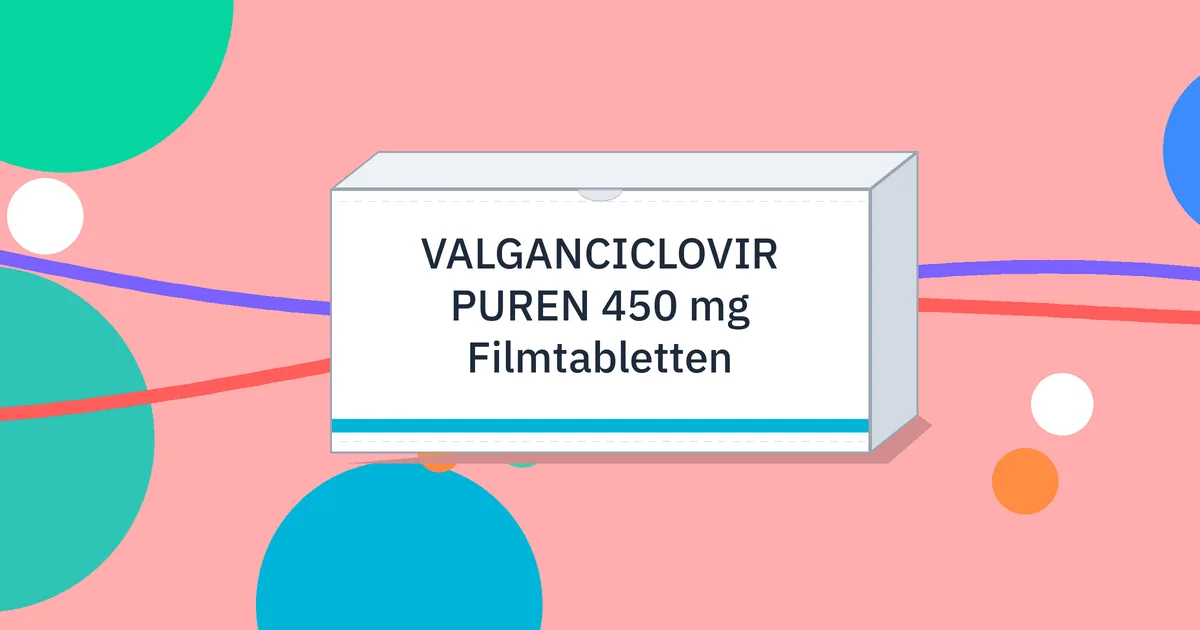 Symbolbild: Packung mit der Aufschrift VALGANCICLOVIR PUREN 450 mg Filmtabletten (PZN 14305826) – Verfügbarkeit und Bezug in Apotheken in Frankfurt am Main