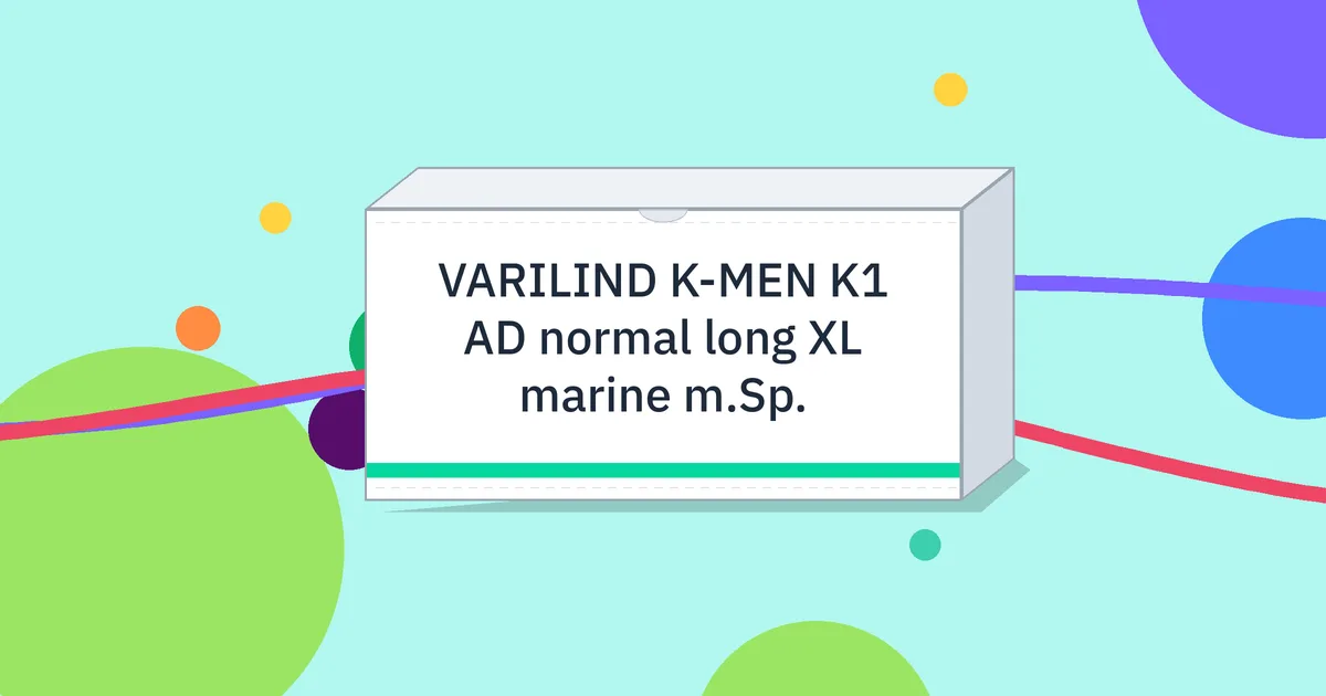 Symbolbild: Packung mit der Aufschrift VARILIND K-MEN K1 AD normal long XL marine m.Sp. (PZN 20568990) – Verfügbarkeit und Bezug in Apotheken in Frankfurt am Main