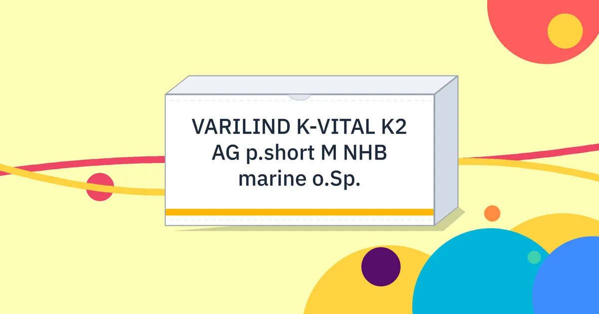 Symbolbild: Packung mit der Aufschrift VARILIND K-VITAL K2 AG p.short M NHB marine o.Sp. (PZN 20564905) – Verfügbarkeit und Bezug in Apotheken in Frankfurt am Main