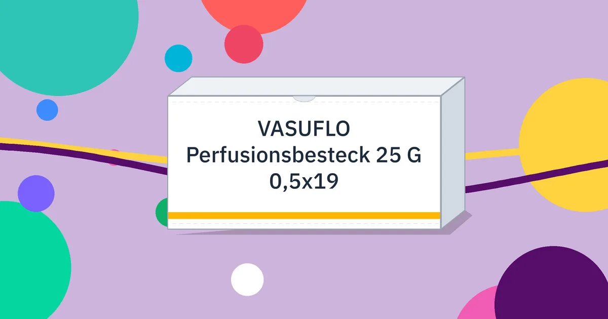Symbolbild: Packung mit der Aufschrift VASUFLO Perfusionsbesteck 25 G 0,5x19 (PZN 03043398) – Verfügbarkeit und Bezug in Apotheken in Frankfurt am Main