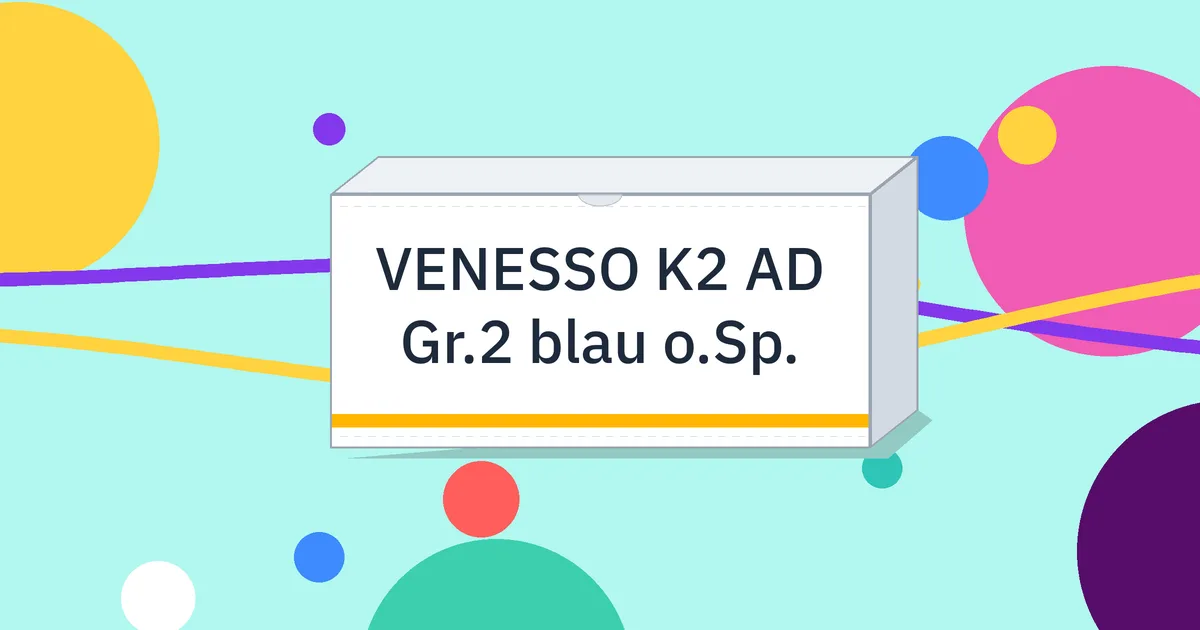 Symbolbild: Packung mit der Aufschrift VENESSO K2 AD Gr.2 blau o.Sp. (PZN 03260316) – Verfügbarkeit und Bezug in Apotheken in Frankfurt am Main