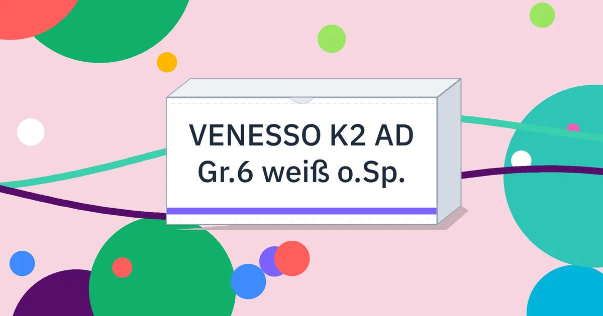 Symbolbild: Packung mit der Aufschrift VENESSO K2 AD Gr.6 weiß o.Sp. (PZN 03260428) – Verfügbarkeit und Bezug in Apotheken in Frankfurt am Main