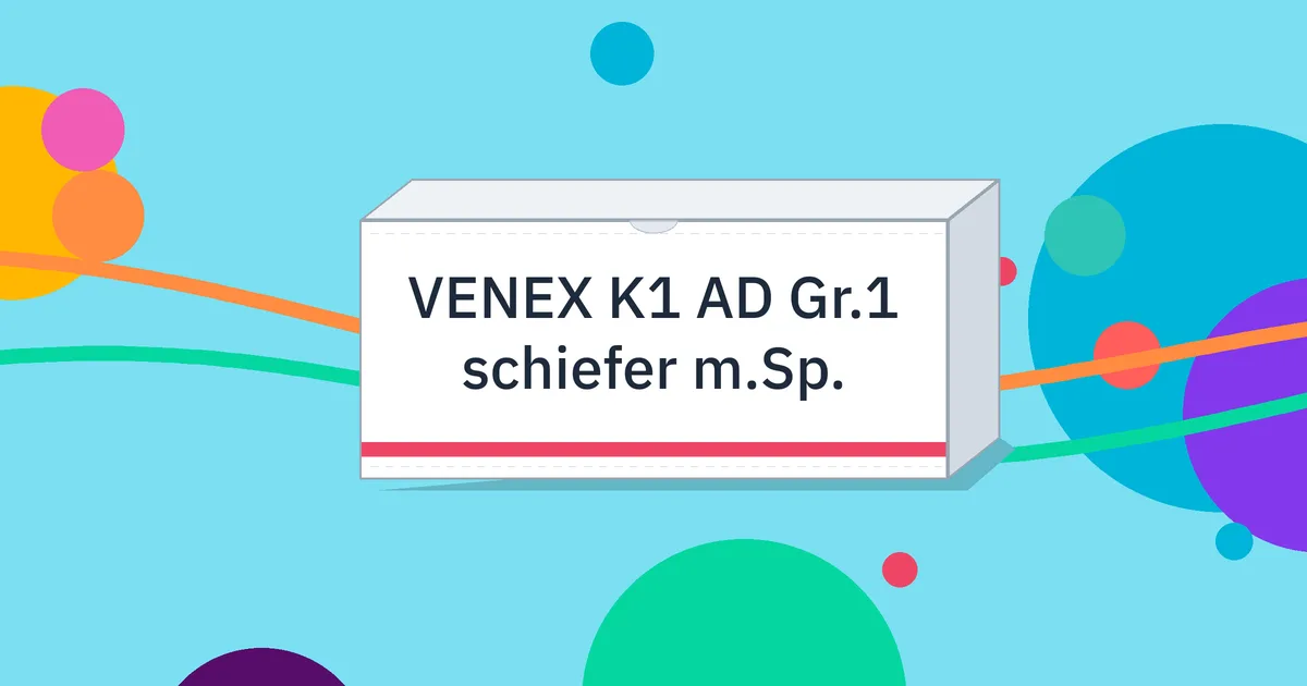 Symbolbild: Packung mit der Aufschrift VENEX K1 AD Gr.1 schiefer m.Sp. (PZN 03184064) – Verfügbarkeit und Bezug in Apotheken in Frankfurt am Main
