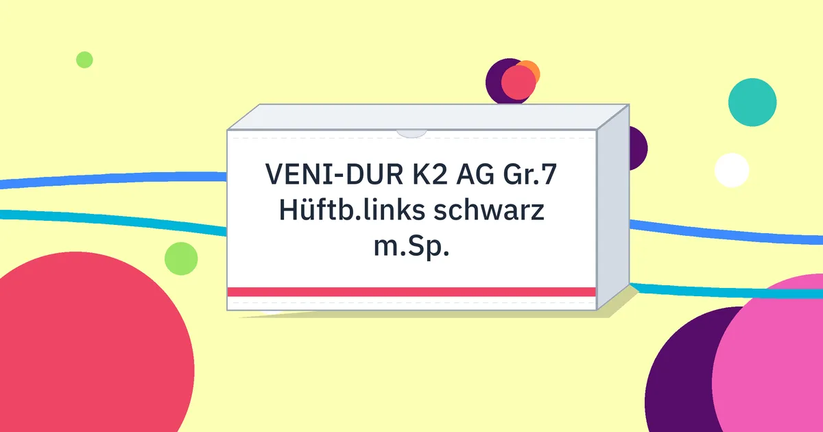 Symbolbild: Packung mit der Aufschrift VENI-DUR K2 AG Gr.7 Hüftb.links schwarz m.Sp. (PZN 03250269) – Verfügbarkeit und Bezug in Apotheken in Frankfurt am Main