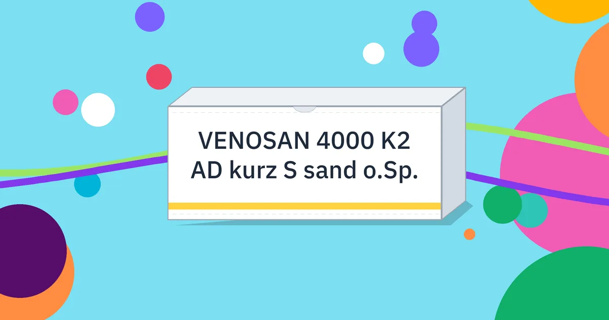 Symbolbild: Packung mit der Aufschrift VENOSAN 4000 K2 AD kurz S sand o.Sp. (PZN 14422414) – Verfügbarkeit und Bezug in Apotheken in Frankfurt am Main