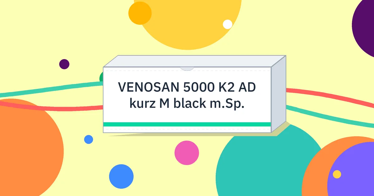 Symbolbild: Packung mit der Aufschrift VENOSAN 5000 K2 AD kurz M black m.Sp. (PZN 14433228) – Verfügbarkeit und Bezug in Apotheken in Frankfurt am Main